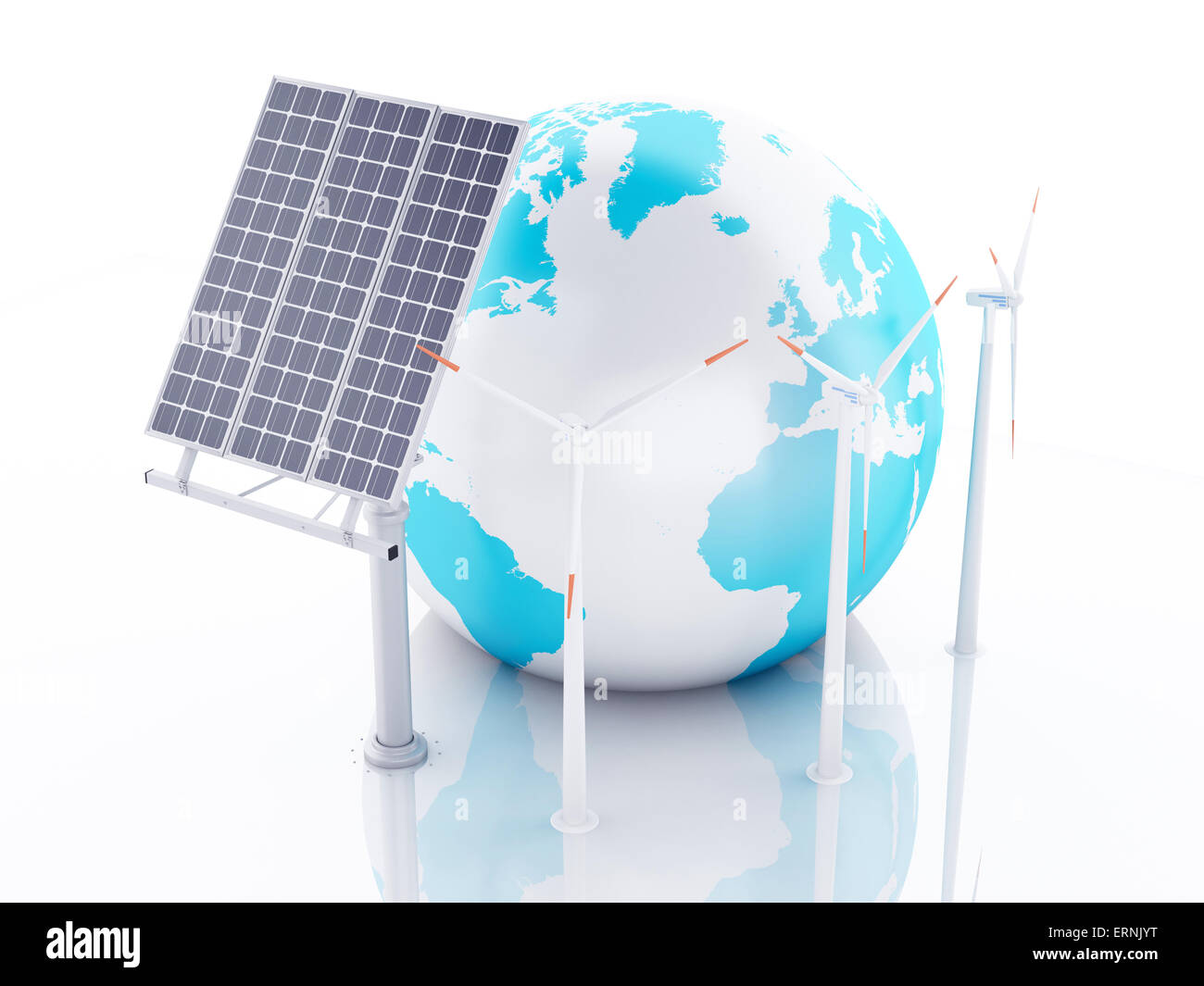 3d image. Earth globe with wind turbines and solar panels, alternative ...