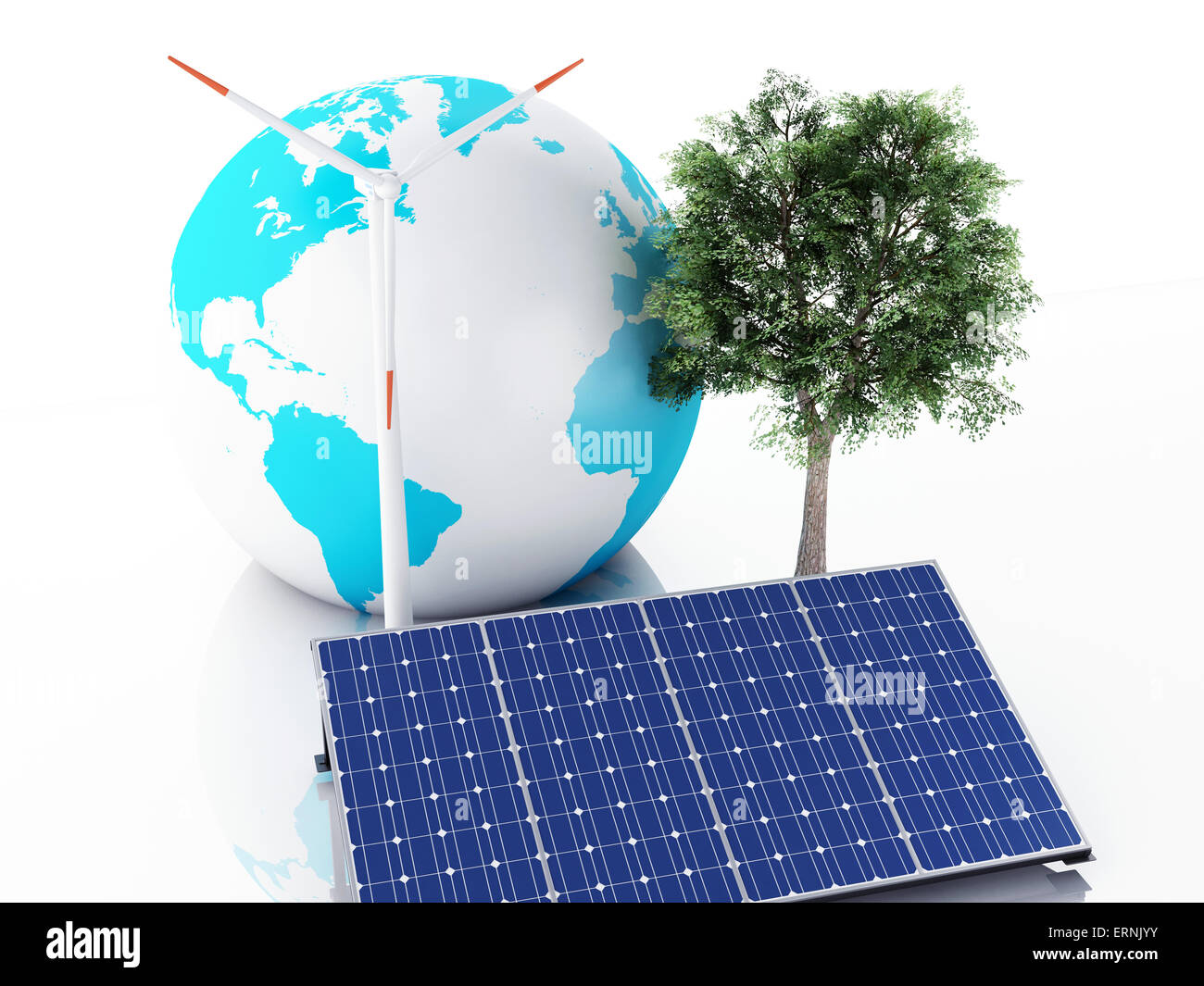 3d image. Earth globe with wind turbines and solar panels, alternative ...