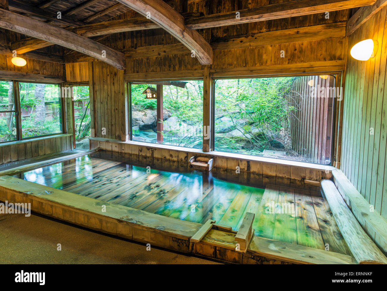 The main mens bath at Katsuraginosato Ryokan with the outdoor rotenburo ...