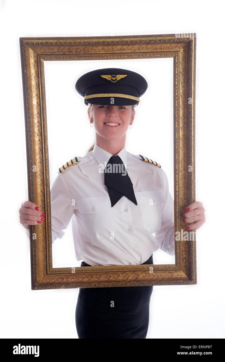 Frame and portrait of a female airline pilot in uniform Stock Photo - Alamy