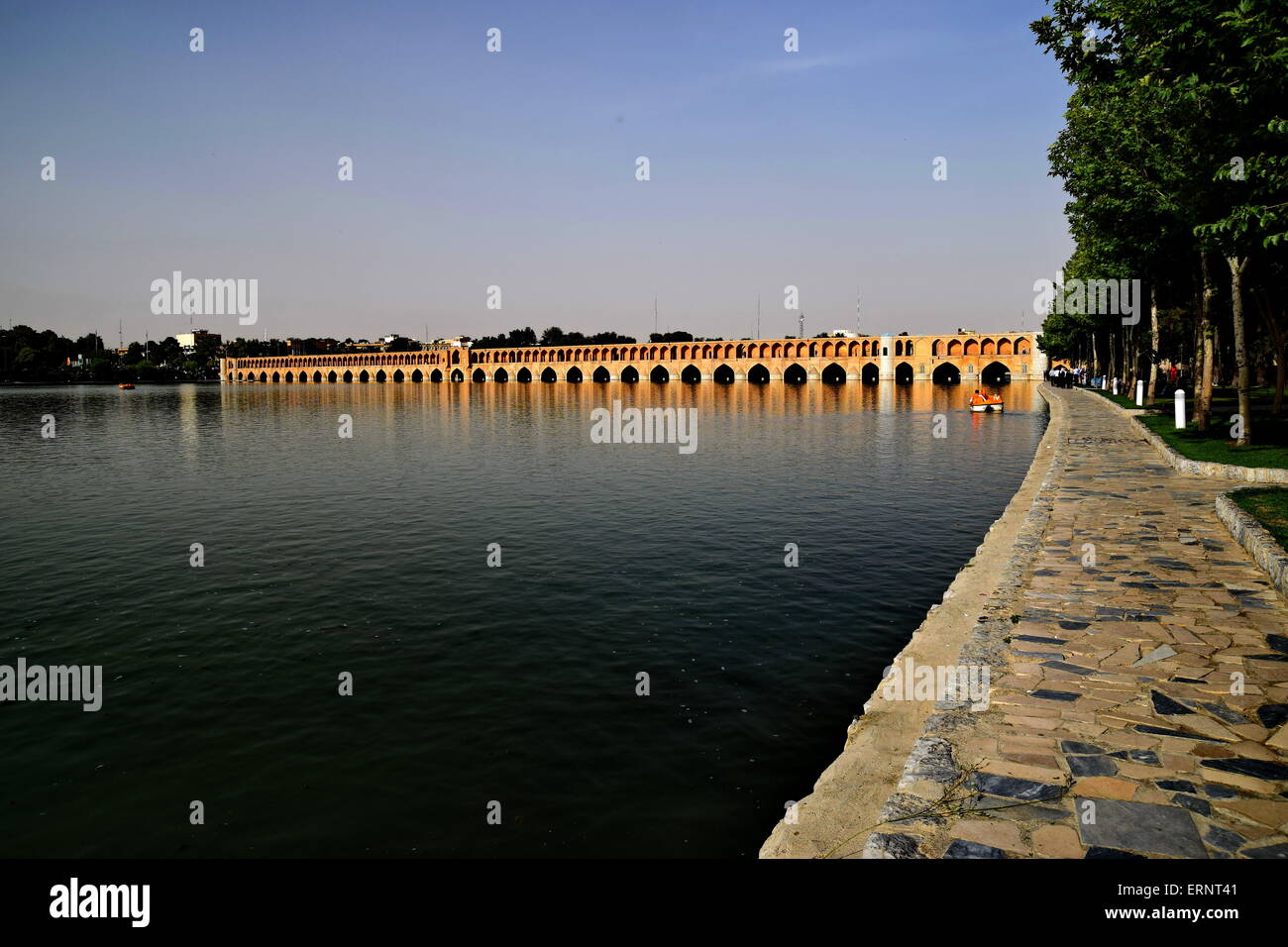 View from Siosepol with trees Siose Bridge in Esfahan Iran Stock Photo ...