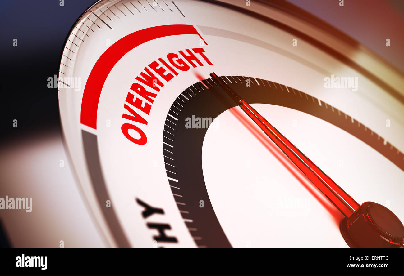 Bathroom scale with the needle pointing the word overweight. Conceptual ...