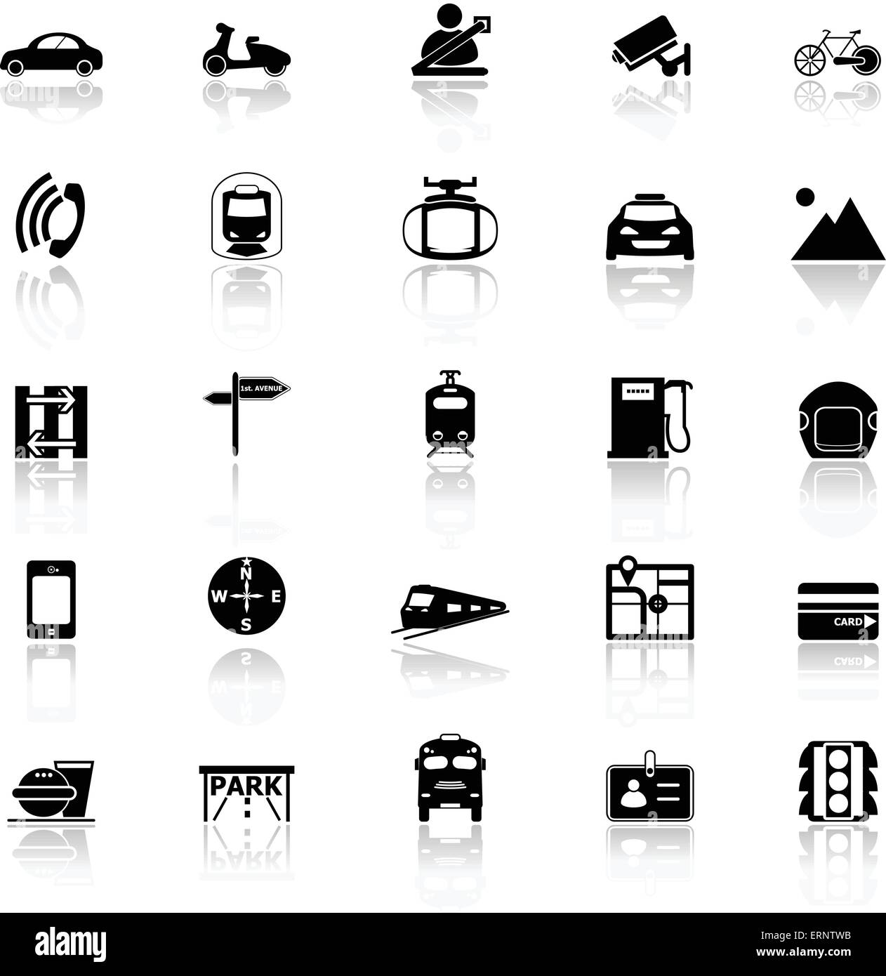 Land transport related with reflect icons on white background, stock ...