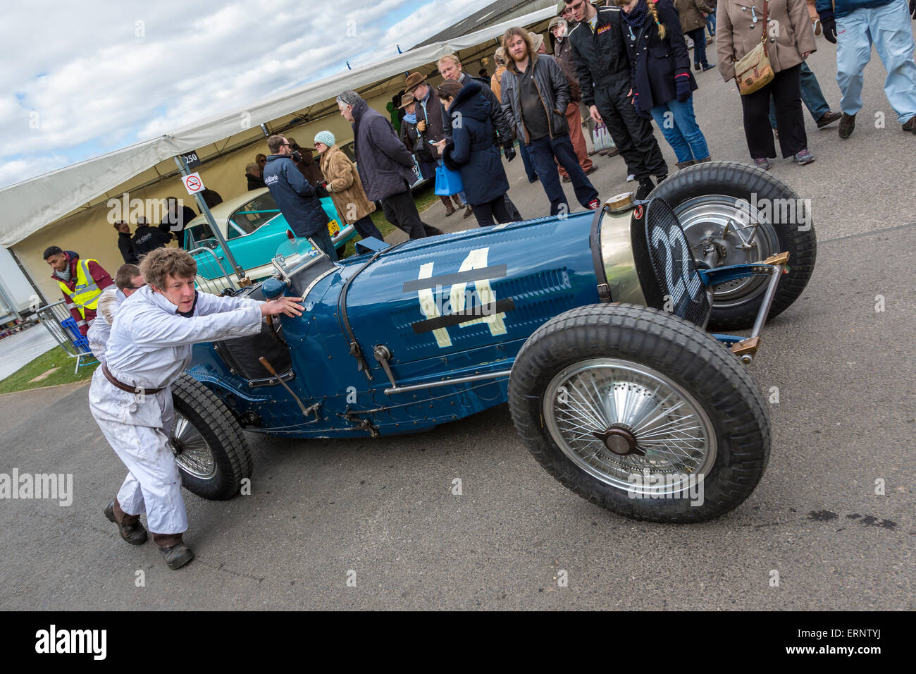 1934 Bugatti Type 59, Earl Howe Trophy entrant, is pushed through the ...