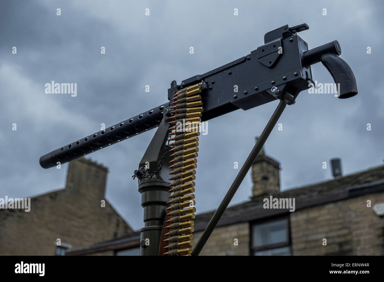 Machine gun with a strap of bullets mounted on a army jeep Stock Photo ...