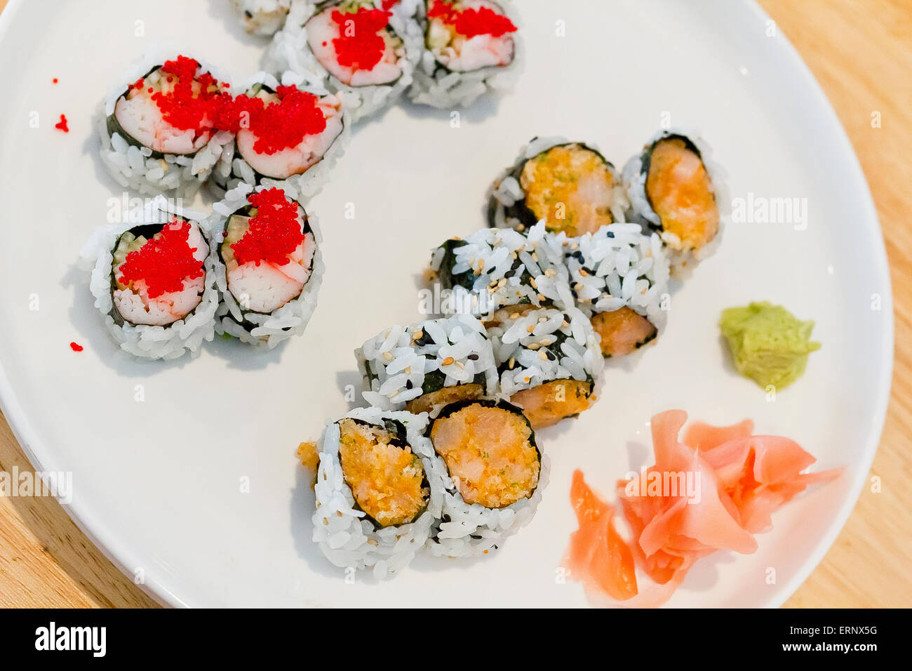 Special crab Ikura, fish roe, roll and spicy salmon roll Stock Photo ...