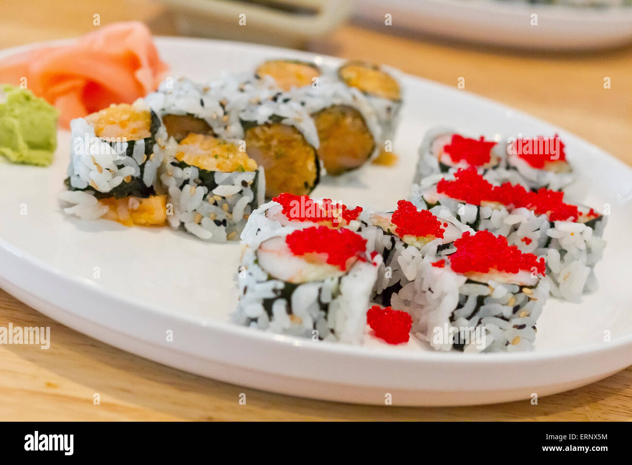 Special crab Ikura, fish roe, roll and spicy salmon roll Stock Photo ...