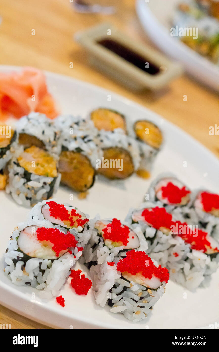 Special crab Ikura, fish roe, roll and spicy salmon roll Stock Photo ...