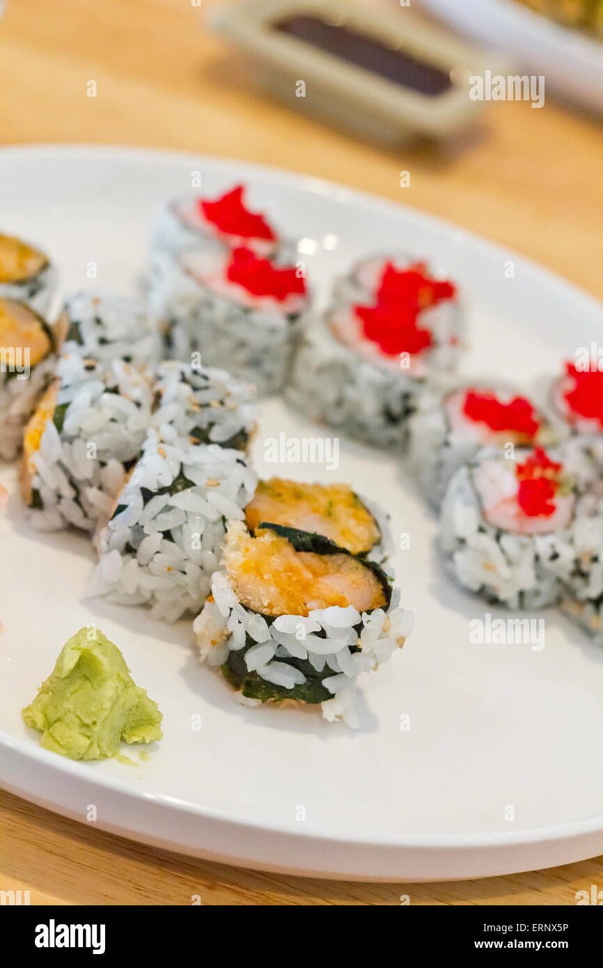 Special crab Ikura, fish roe, roll and spicy salmon roll Stock Photo ...
