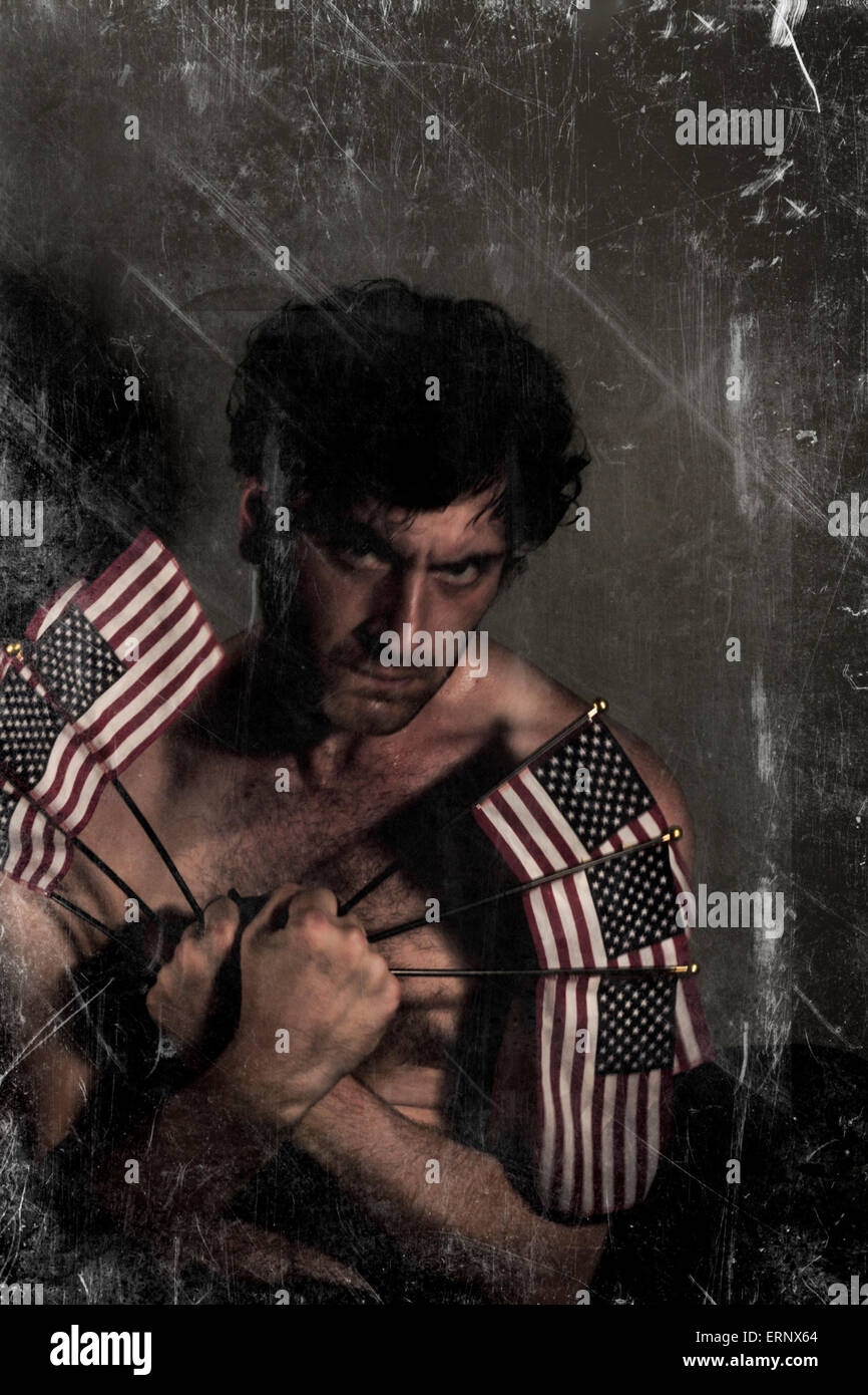 Stylized Uncle Sam fighter holding American Flags as claws Stock Photo ...