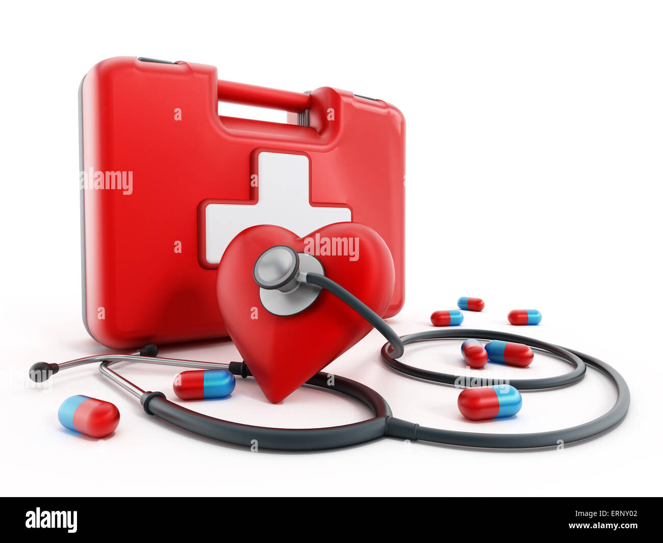 First aid kit, stethoscope and pills isolated on white background Stock ...