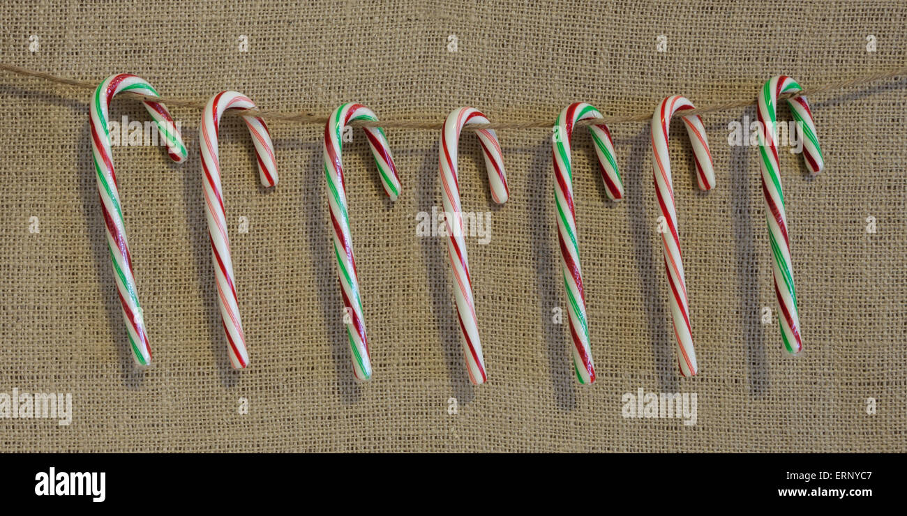 Seven candy canes hang from a piece of twine on a burlap background ...