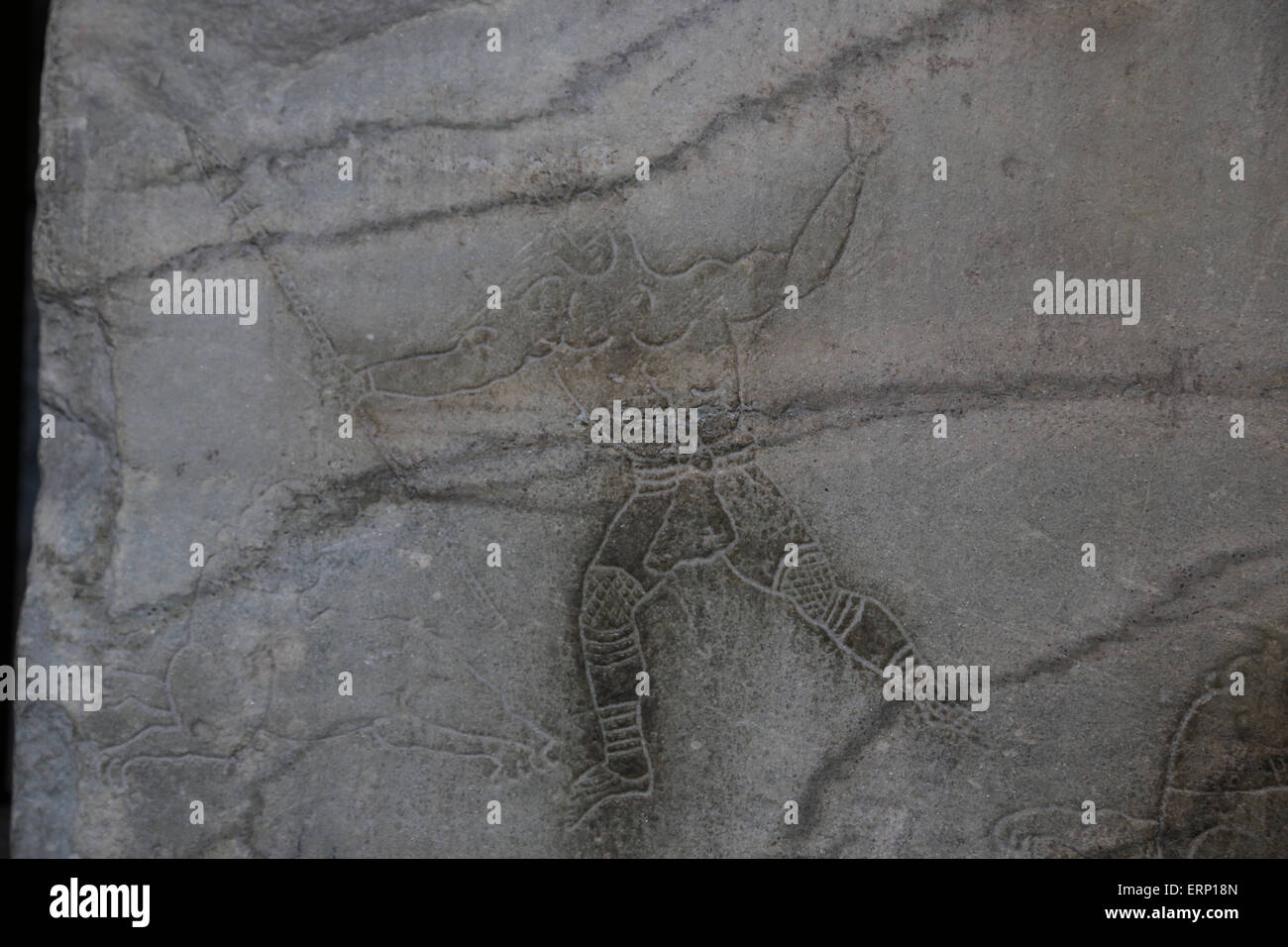 Slab with graffitti depicting a scene of fighting. Gladiator with lance ...