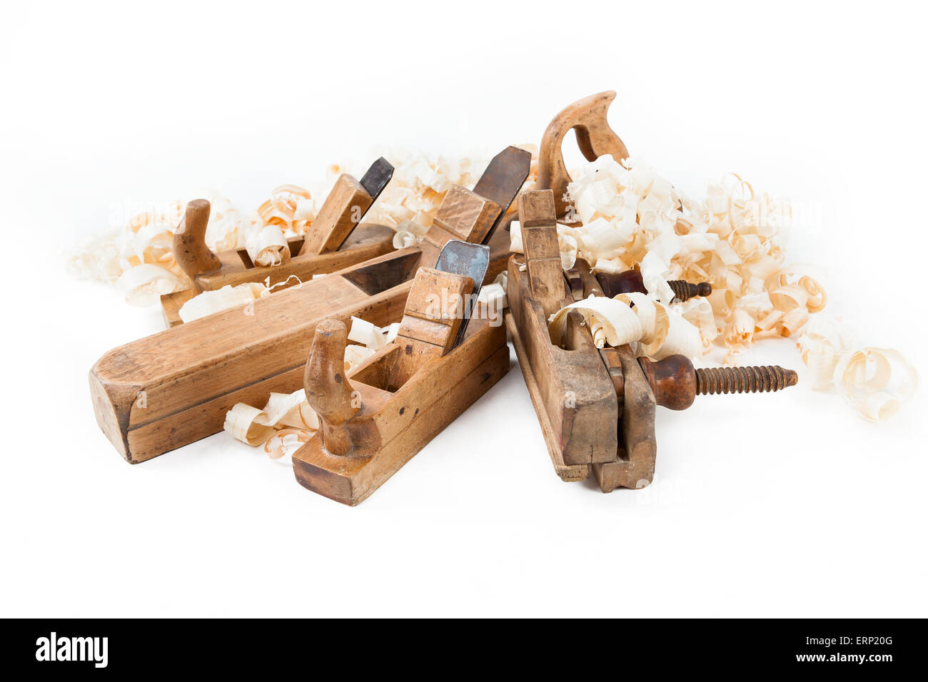 planers with wooden chips, wood shavings isolated on white background ...