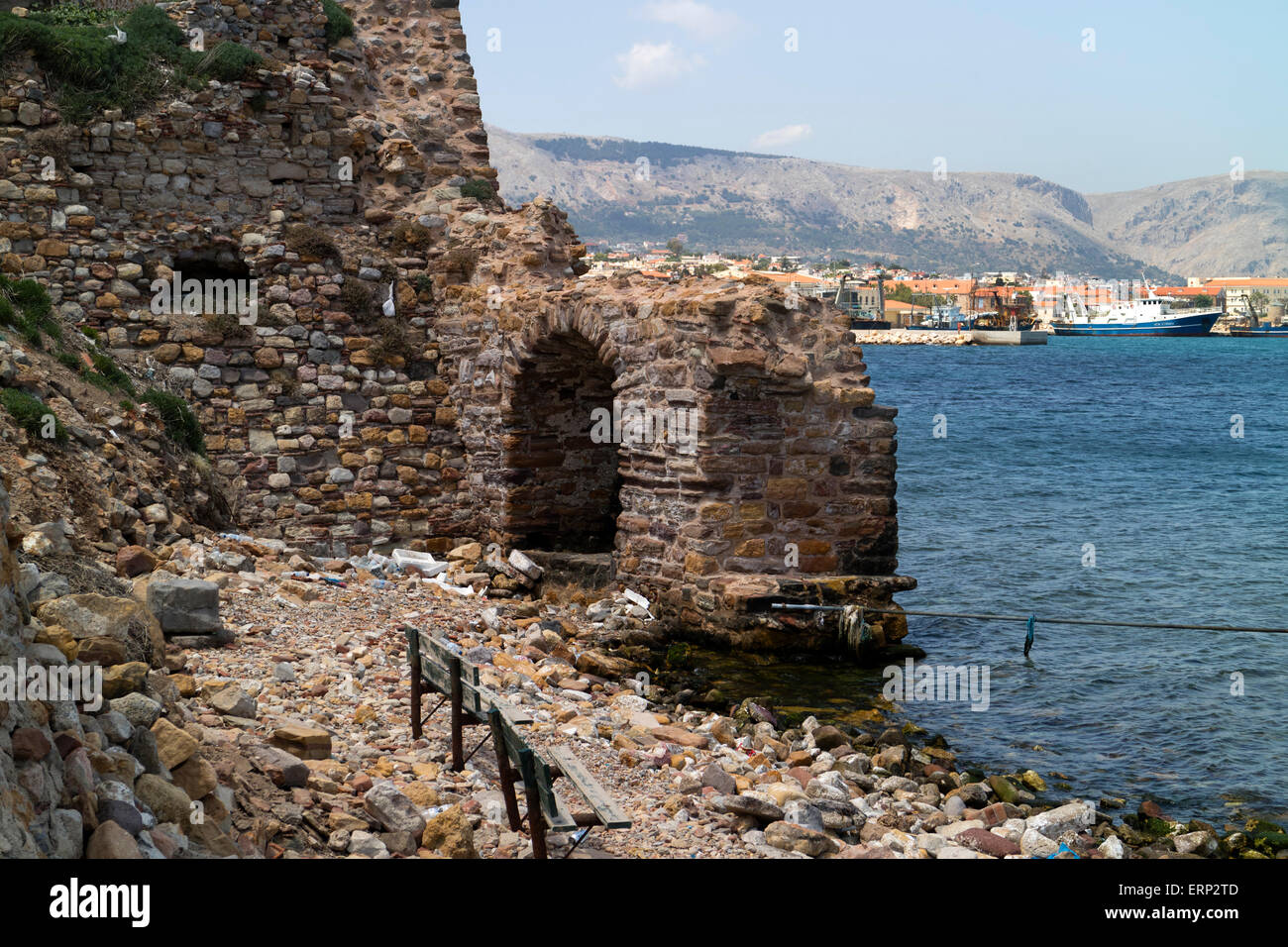 Harbour and ruins in the city of Chios on the isle of Chios, Greece ...