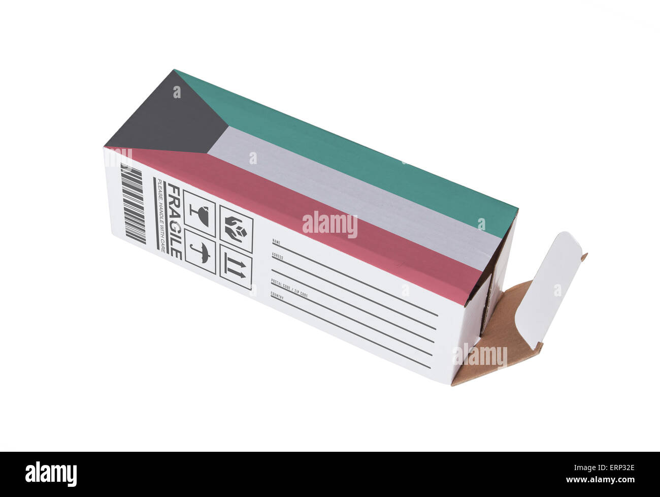 Concept of export, opened paper box - Product of Kuwait Stock Photo - Alamy