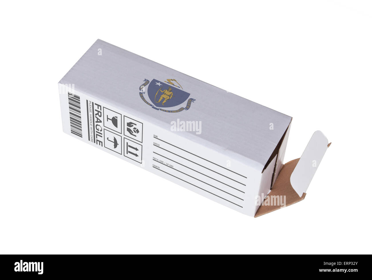Concept of export, opened paper box - Product of Massachusetts Stock ...