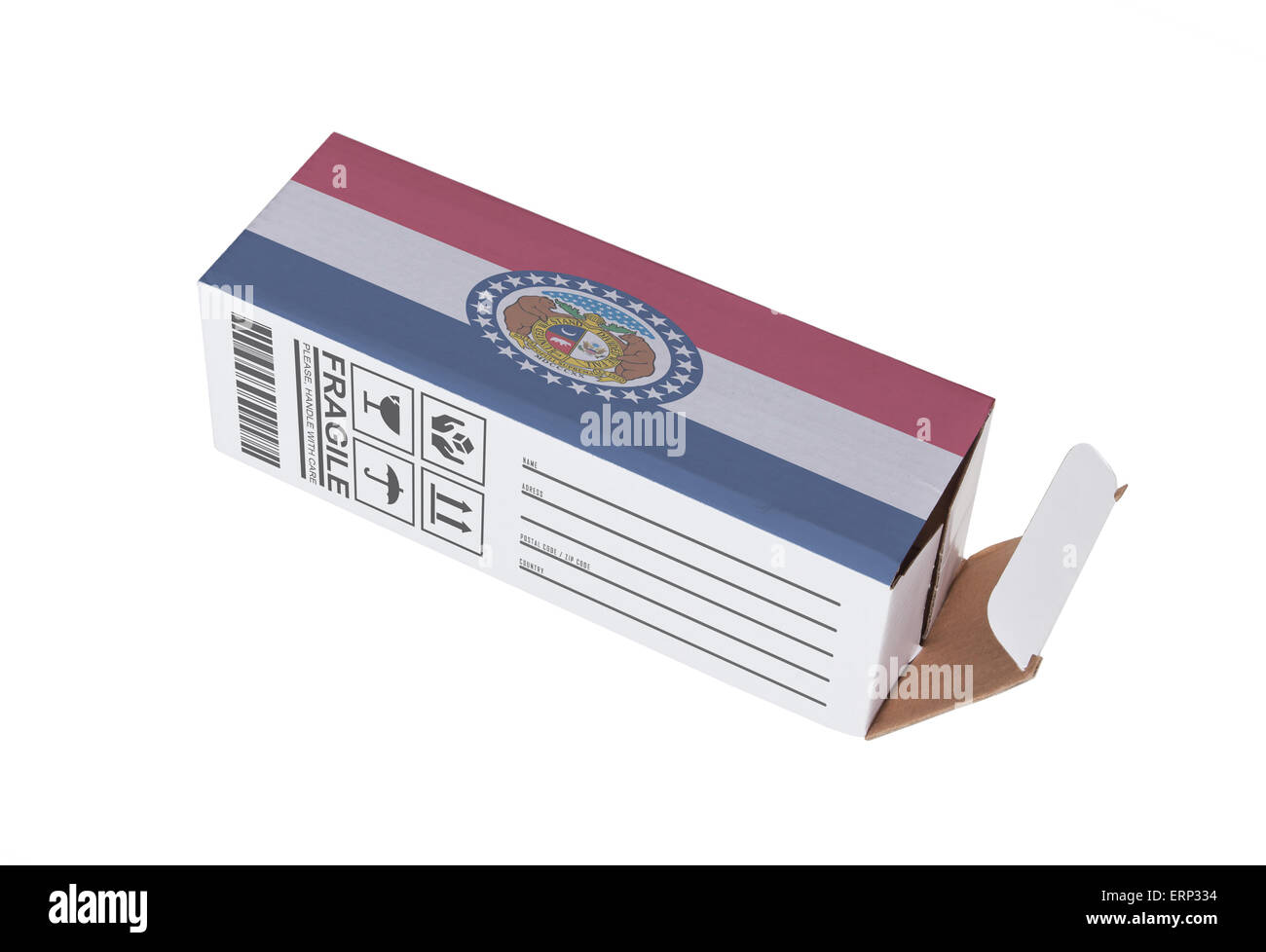 Concept of export, opened paper box - Product of Missouri Stock Photo ...