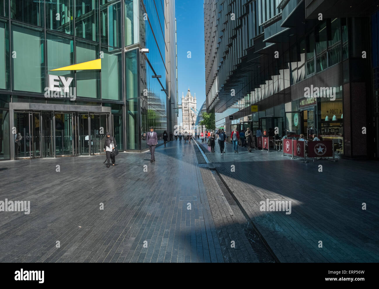 Tower Bridge viewed through modern architecture of More London Stock ...