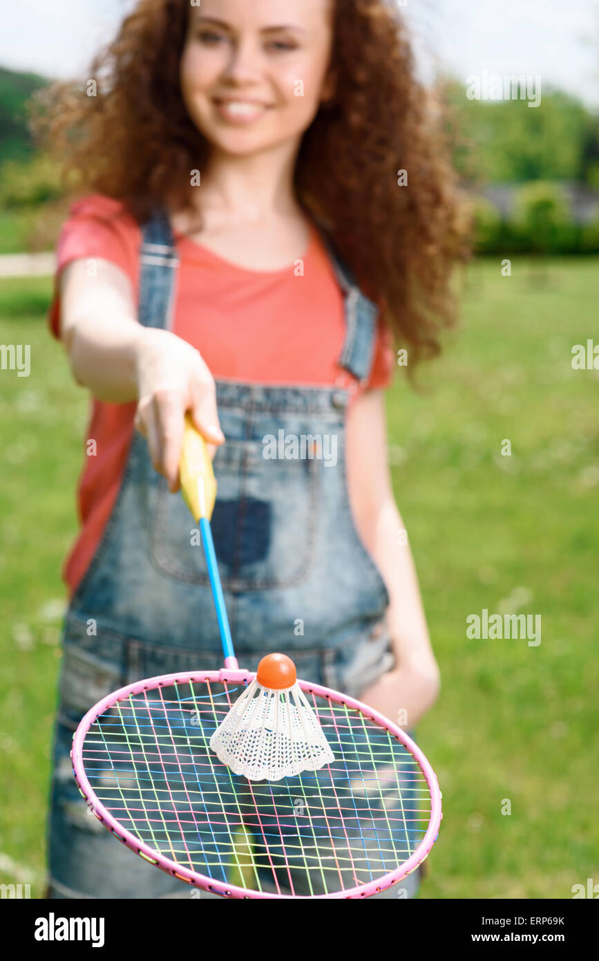 Happy family playing badminton Stock Photo - Alamy