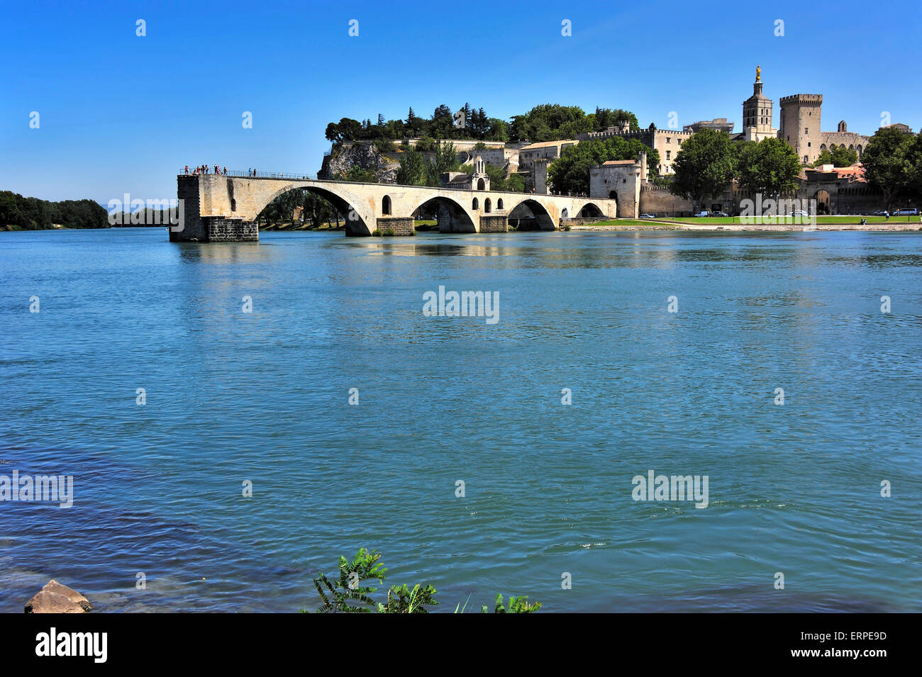 Avignon with town wall and its famous bridge over the Rhone Stock Photo ...
