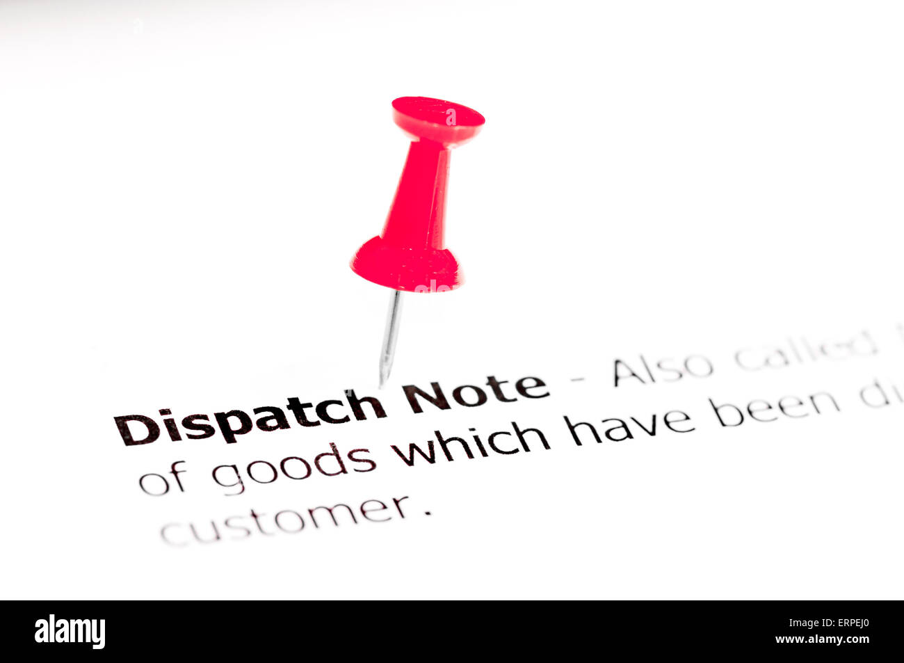 Words DISPATCH NOTE pinned on white paper with red pushpin, available ...