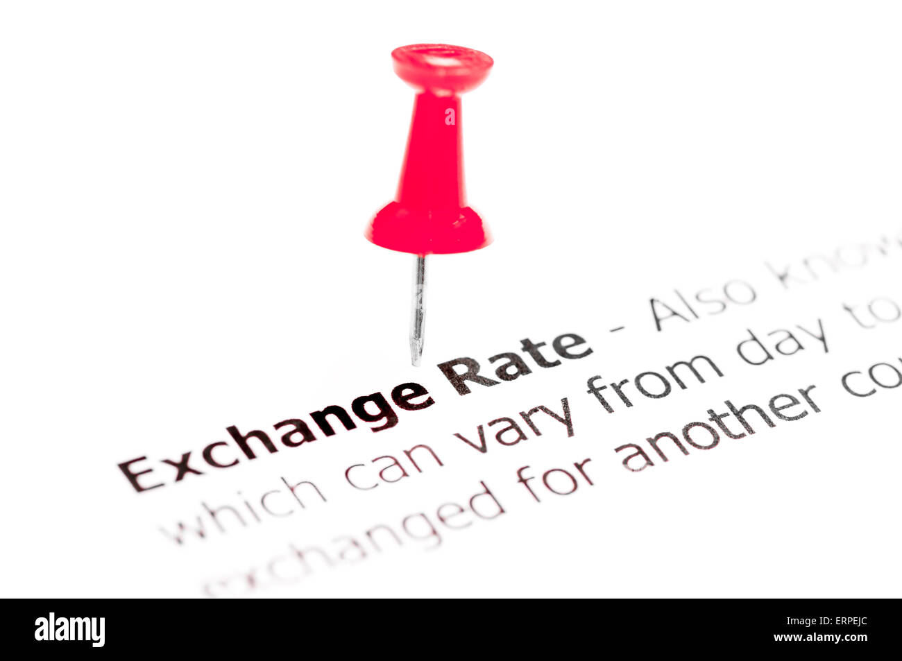 Words EXCHANGE RATE pinned on white paper with red pushpin, available ...