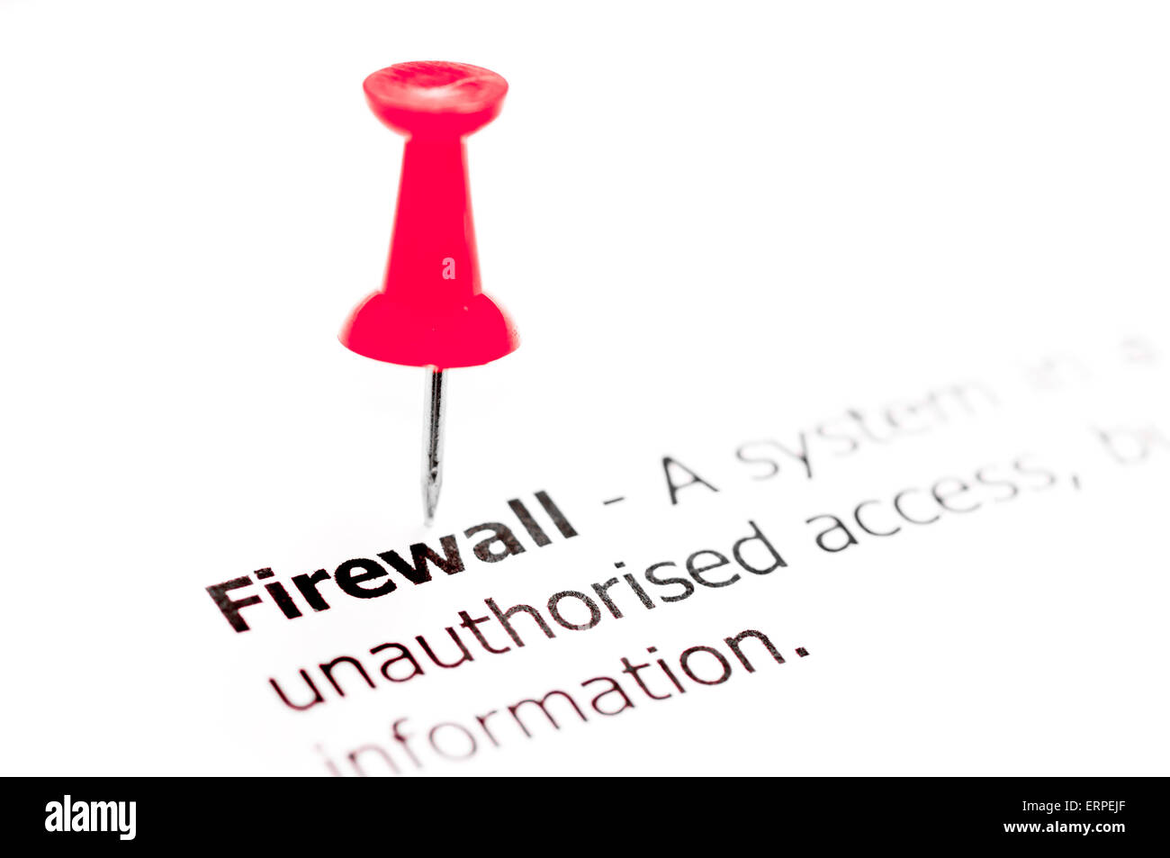 Word FIREWALL pinned on white paper with red pushpin, available copy ...