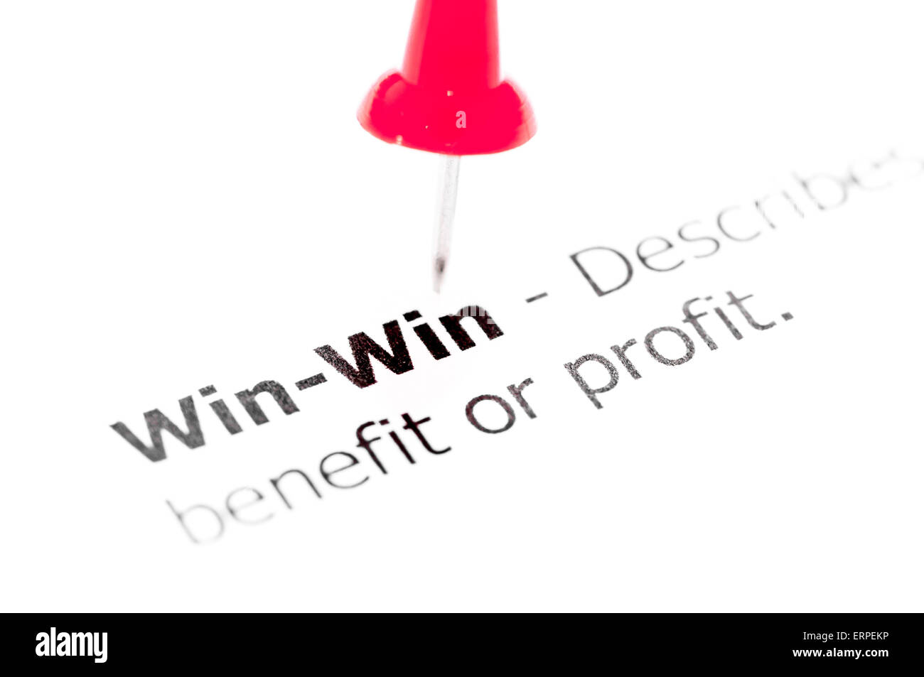 Words WIN-WIN pinned on white paper with red pushpin, available copy ...