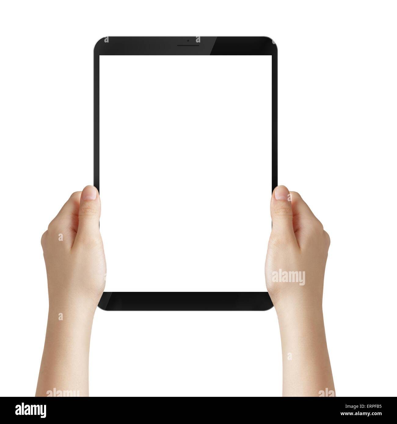 female hand holding a tablet pc with white screen Stock Photo - Alamy