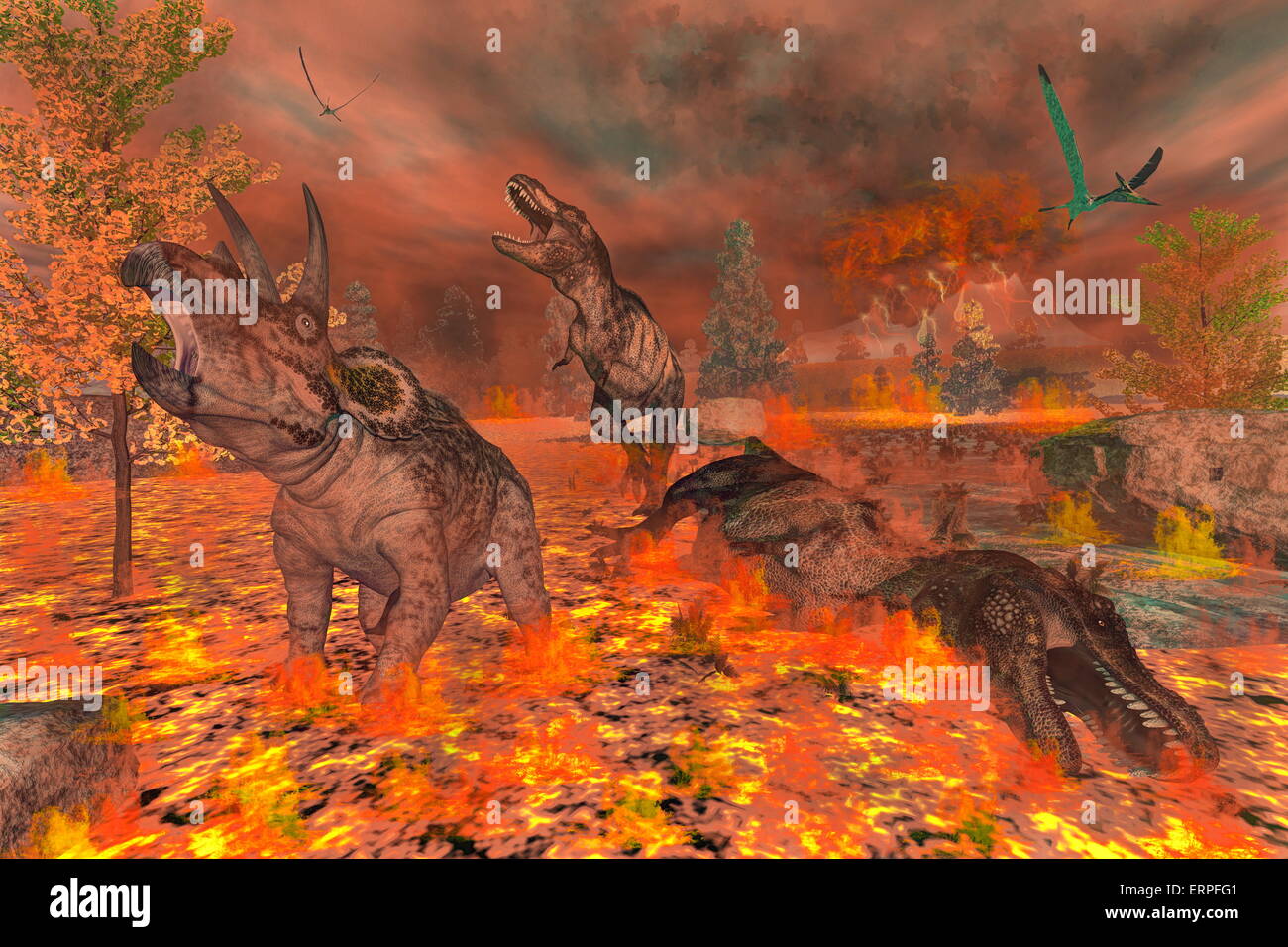 Tyrannosaurus, triceratops and pteranodon dinosaurs escaping or dying ...