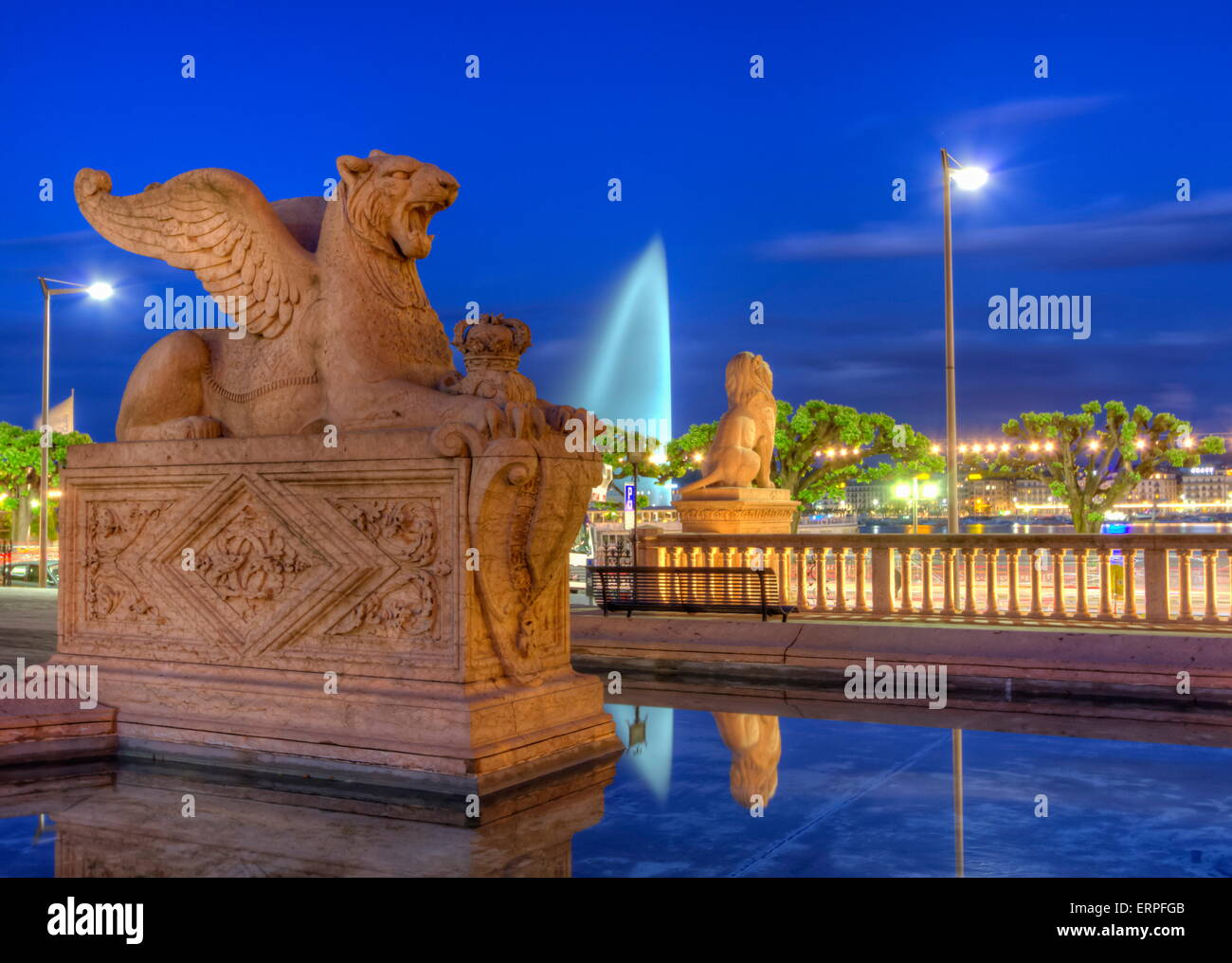 Lion statue near Brunswick monument by night in Geneva, Switzerland ...