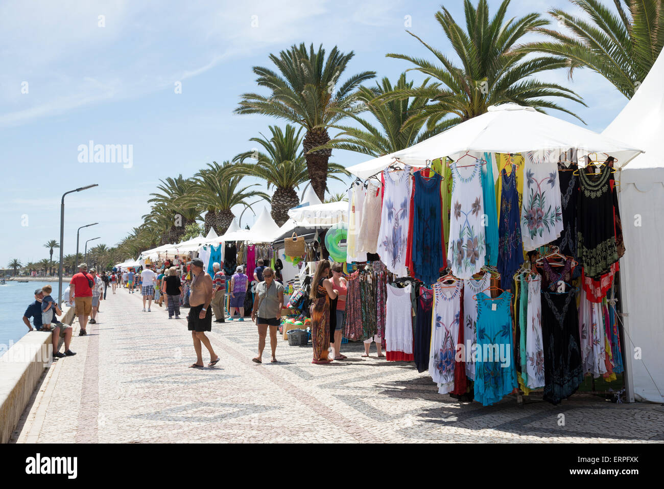 Market on the boardwalk at Lagos in the Algarve region southern ...