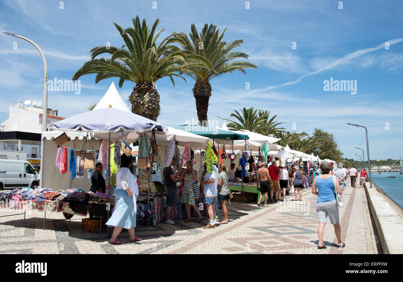 Market on the boardwalk at Lagos in the Algarve region southern ...