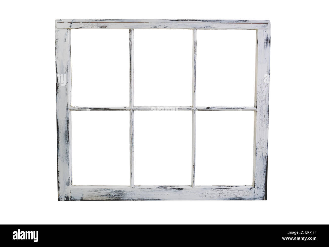 Vintage wooden window with fading white paint isolated on white ...