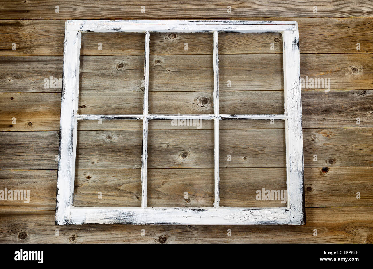 Vintage window, fading white paint, on rustic cedar wooden boards Stock ...
