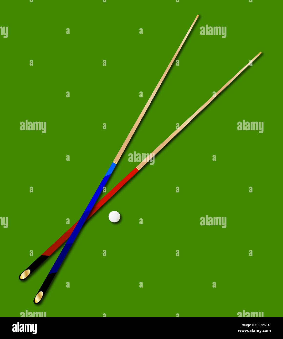 A pair of typical snooker cues with a white ball on a green background ...