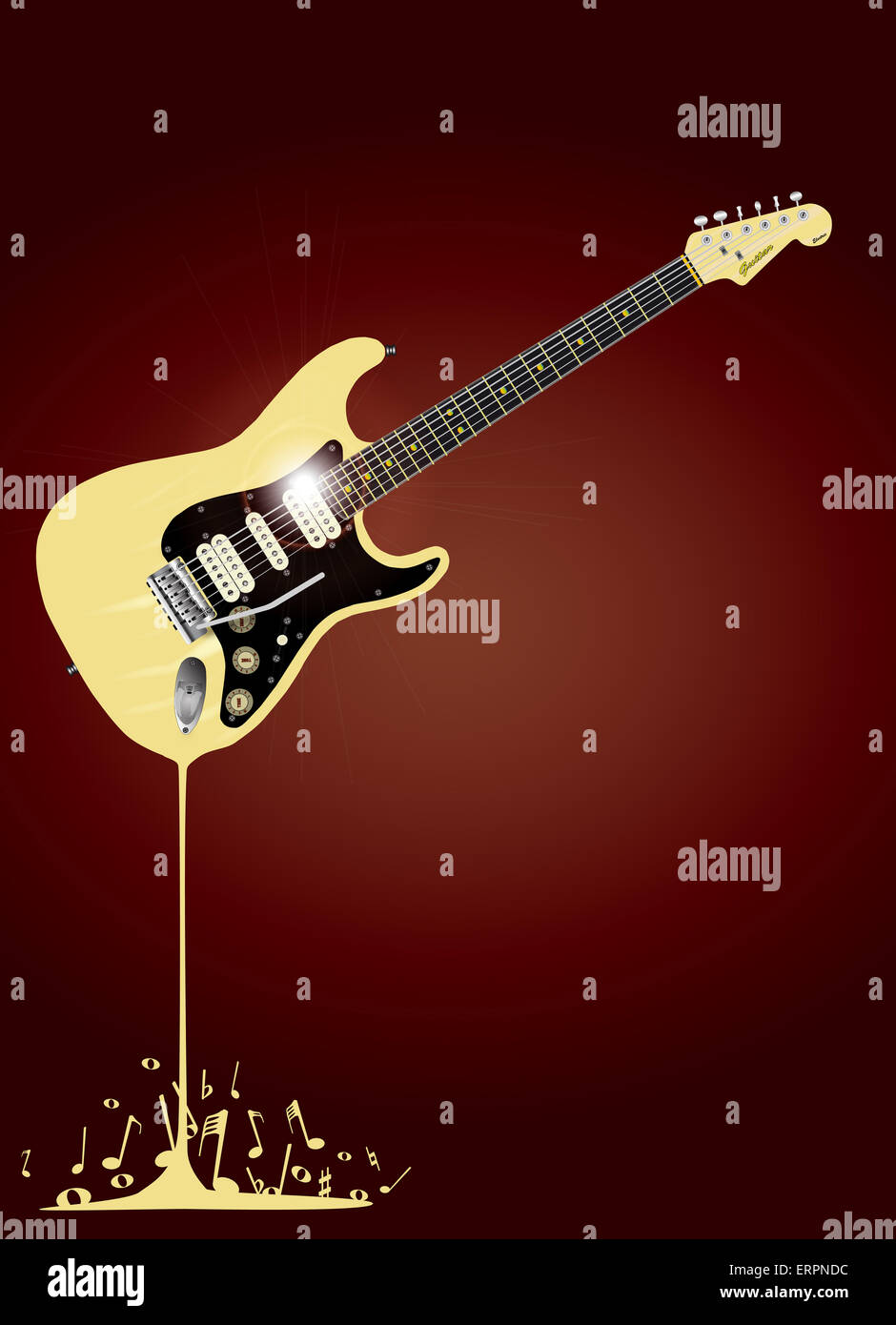 A rock guitar melting down with musical notes splashing around at the ...