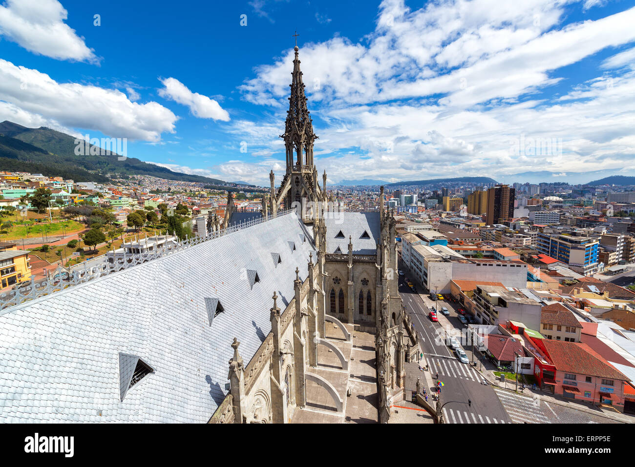View of the Basilica in Quito, Ecuador with the modern city visible in ...