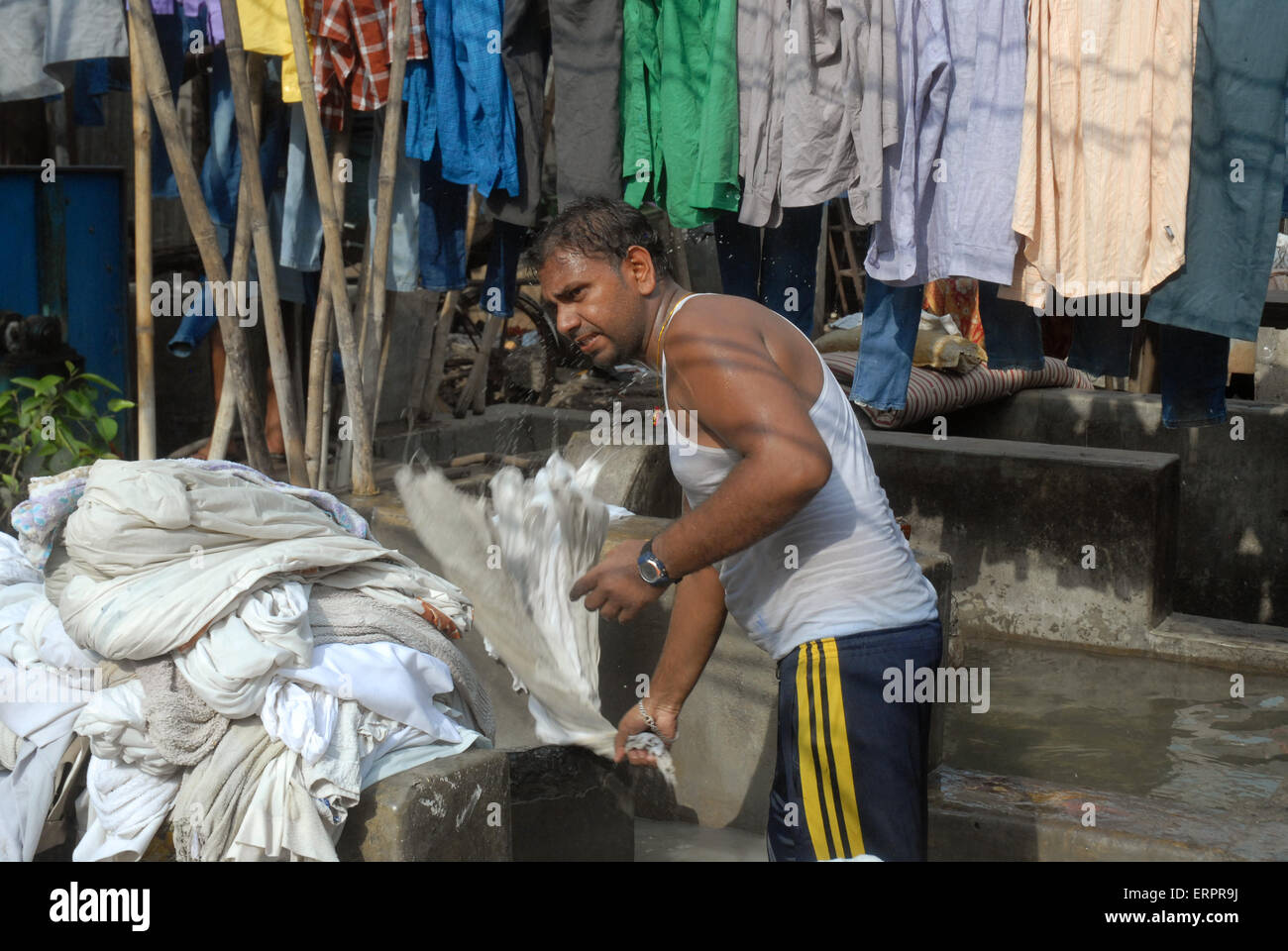 Men washing clothes at Mahalaxmi Dhobi Ghat open air laundromat, Mumbai ...