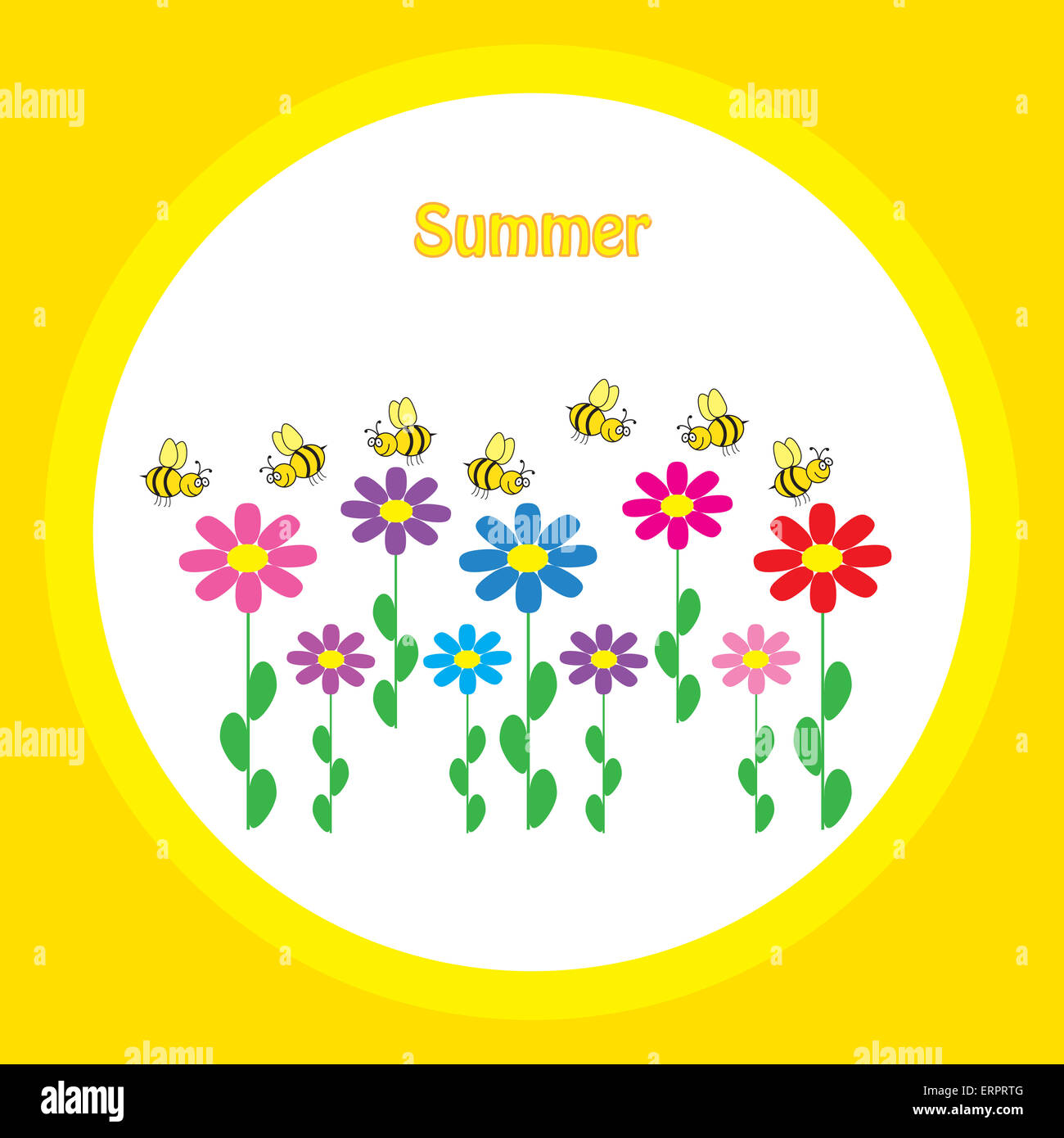 colorful background with flowers and bee, cartoon Stock Photo - Alamy