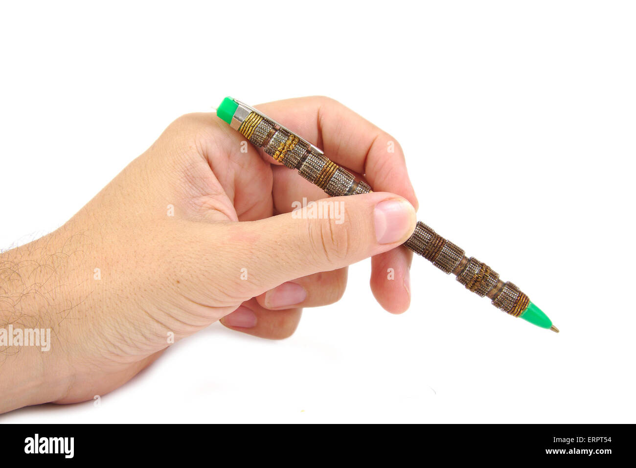 Hand is ready for writting with a vintage and very old pen on white ...