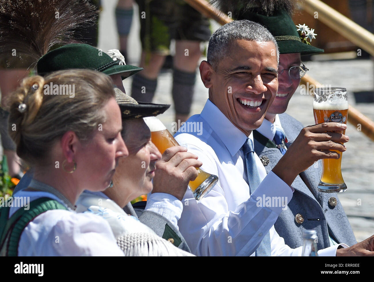 US President Barack Obama raises his glass of German beer in Kruen ...