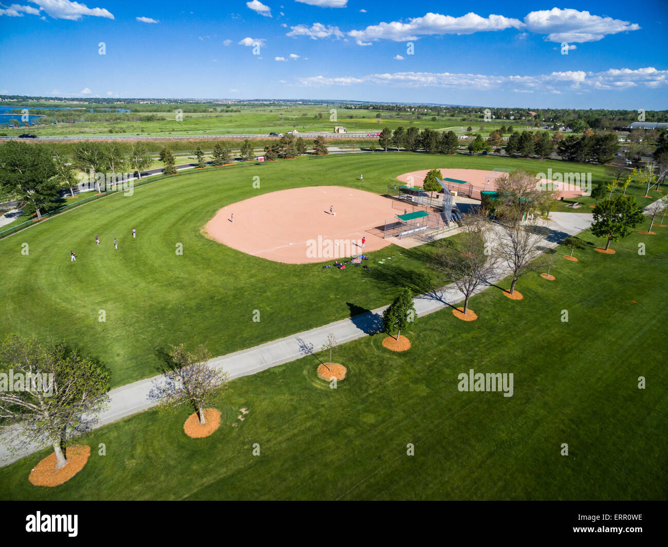 Aerial view of succer and baseball fields at Village Greens Park ...