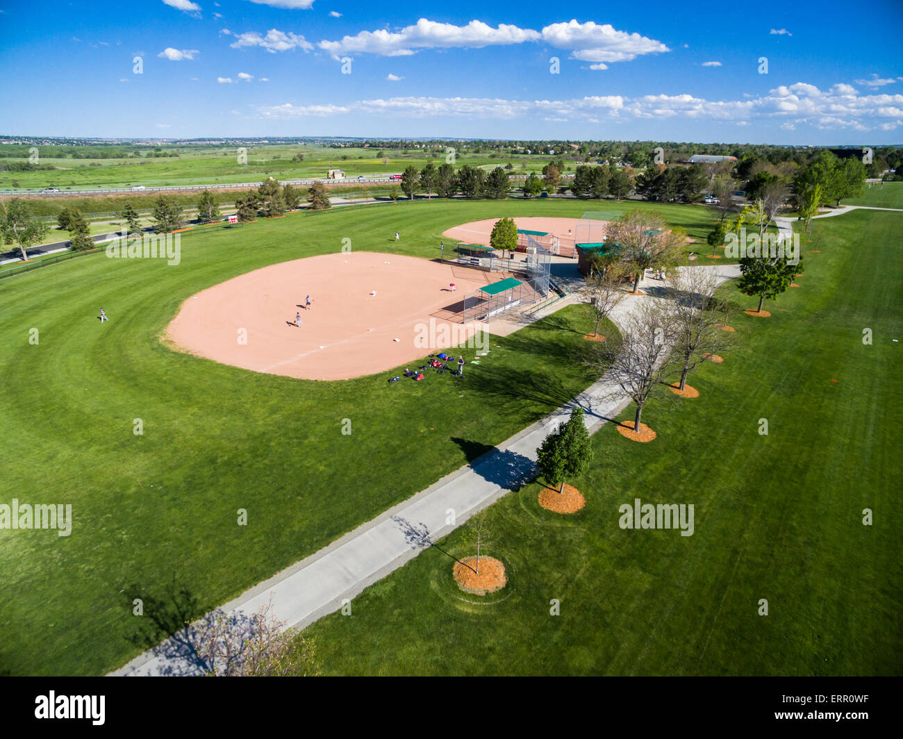 Aerial view of succer and baseball fields at Village Greens Park ...
