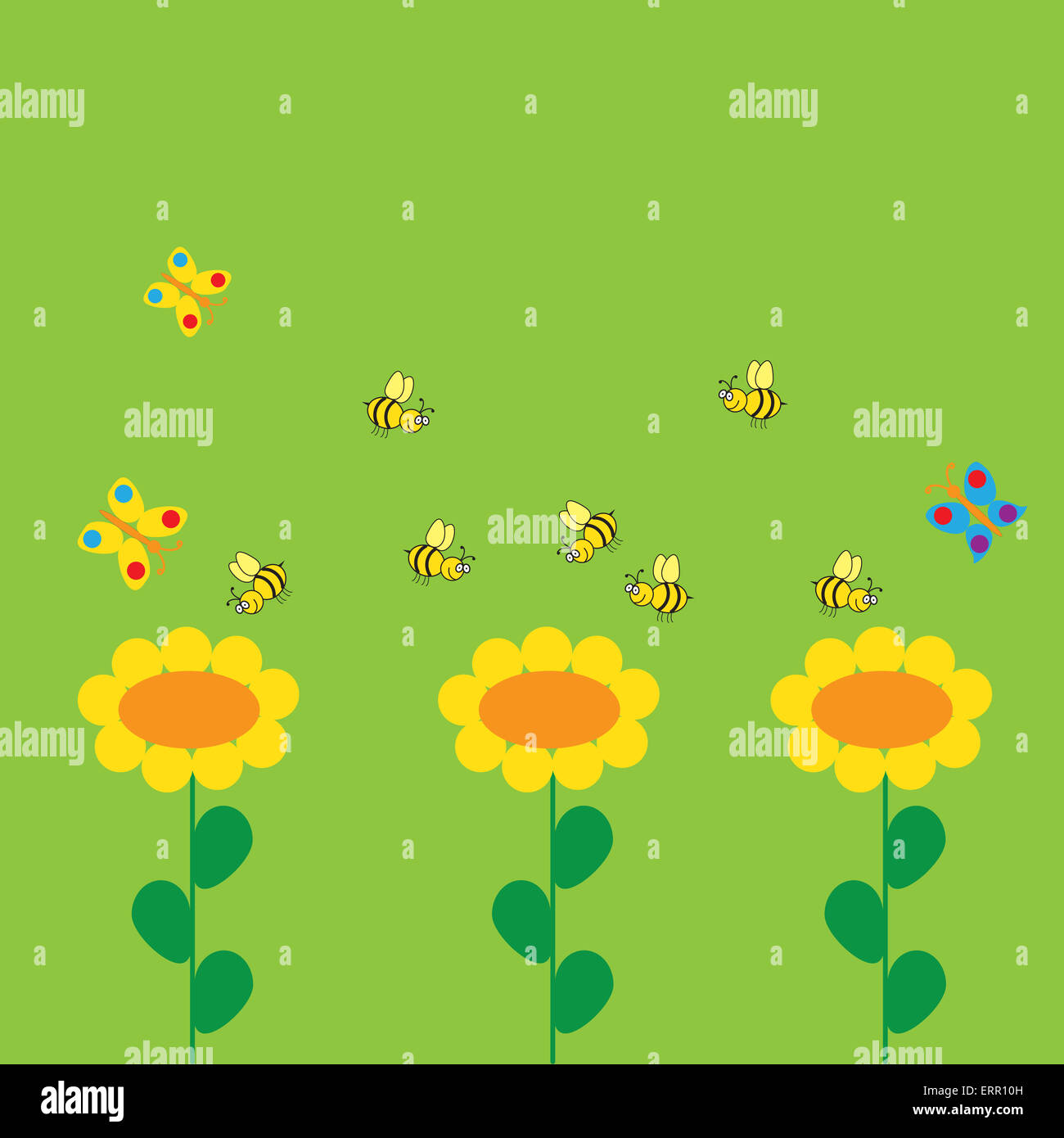 colorful background with flowers and bee, cartoon Stock Photo - Alamy