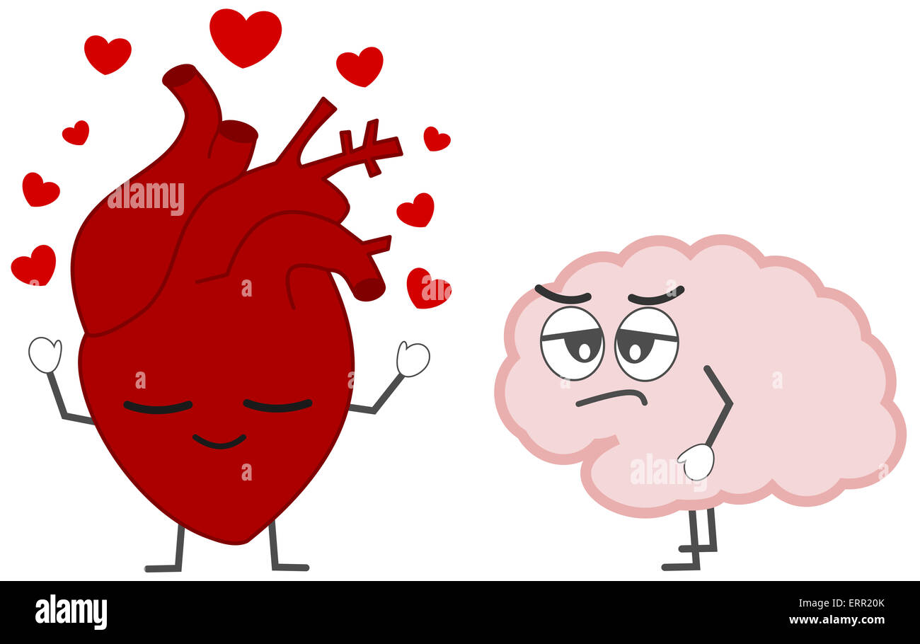 heart in love versus brain concept cartoon illustration Stock Photo - Alamy