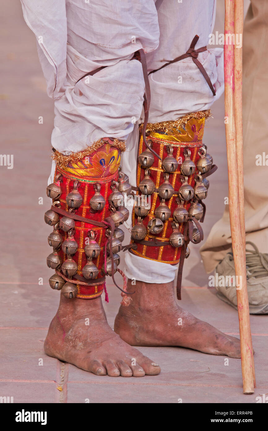Leg bells, known as Ghungroos, worn by a member of a troupe of mixed ...
