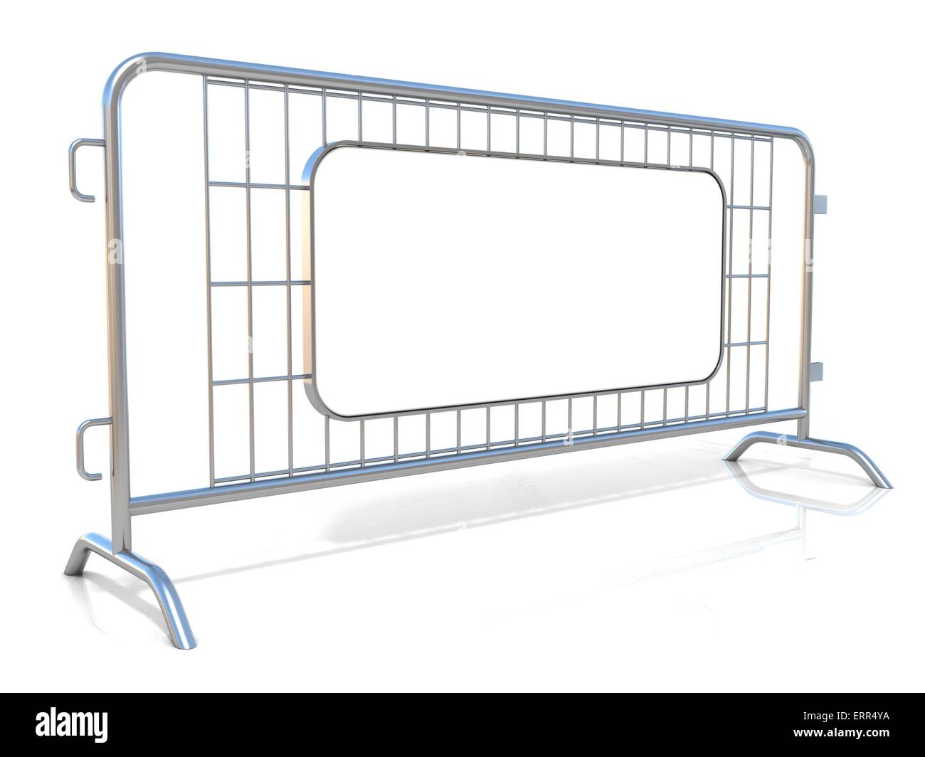 Steel barricades, isolated on white background. Side view, with sign ...