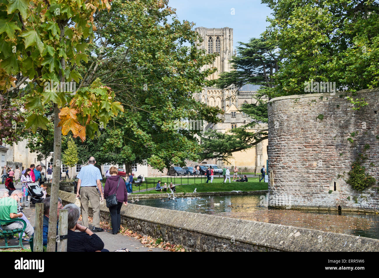 Wells Bishops Palace Gardens, moat, city, Somerset, England UK Stock ...